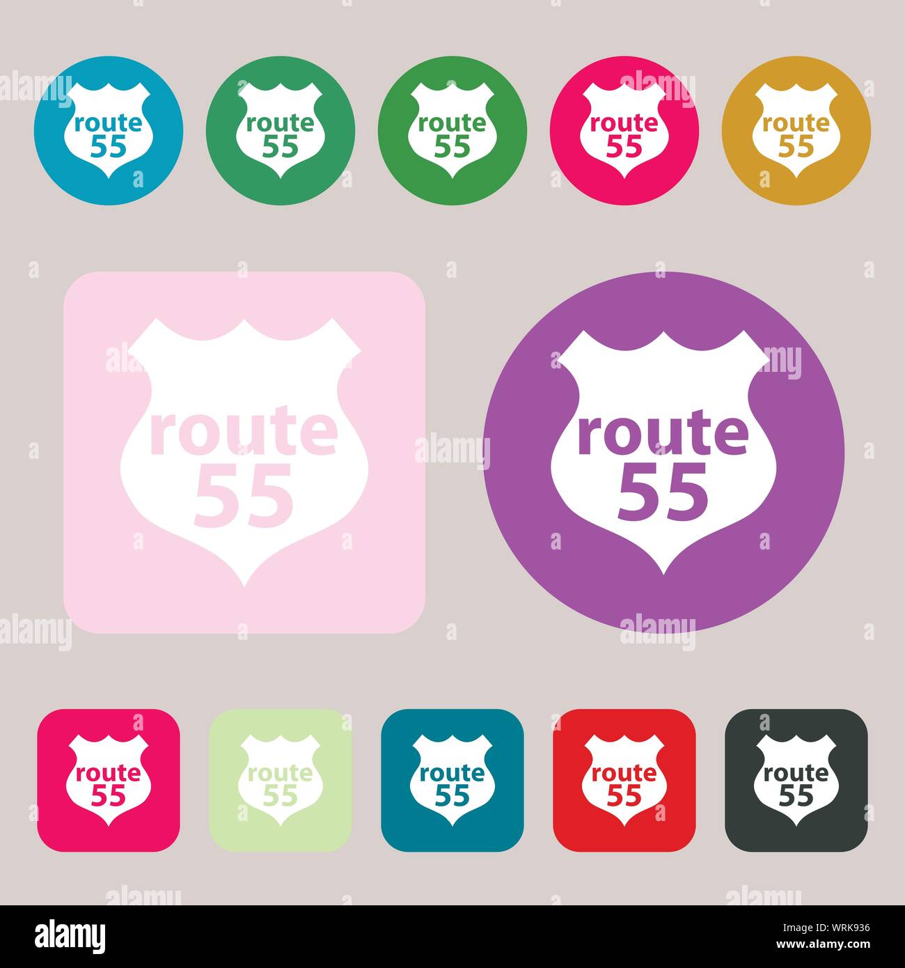 Route 55 highway icon sign. 12 colored buttons. Flat design. Vector ...