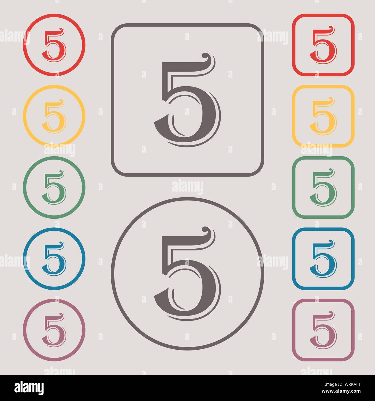 number five icon sign. Symbols on the Round and square buttons with ...