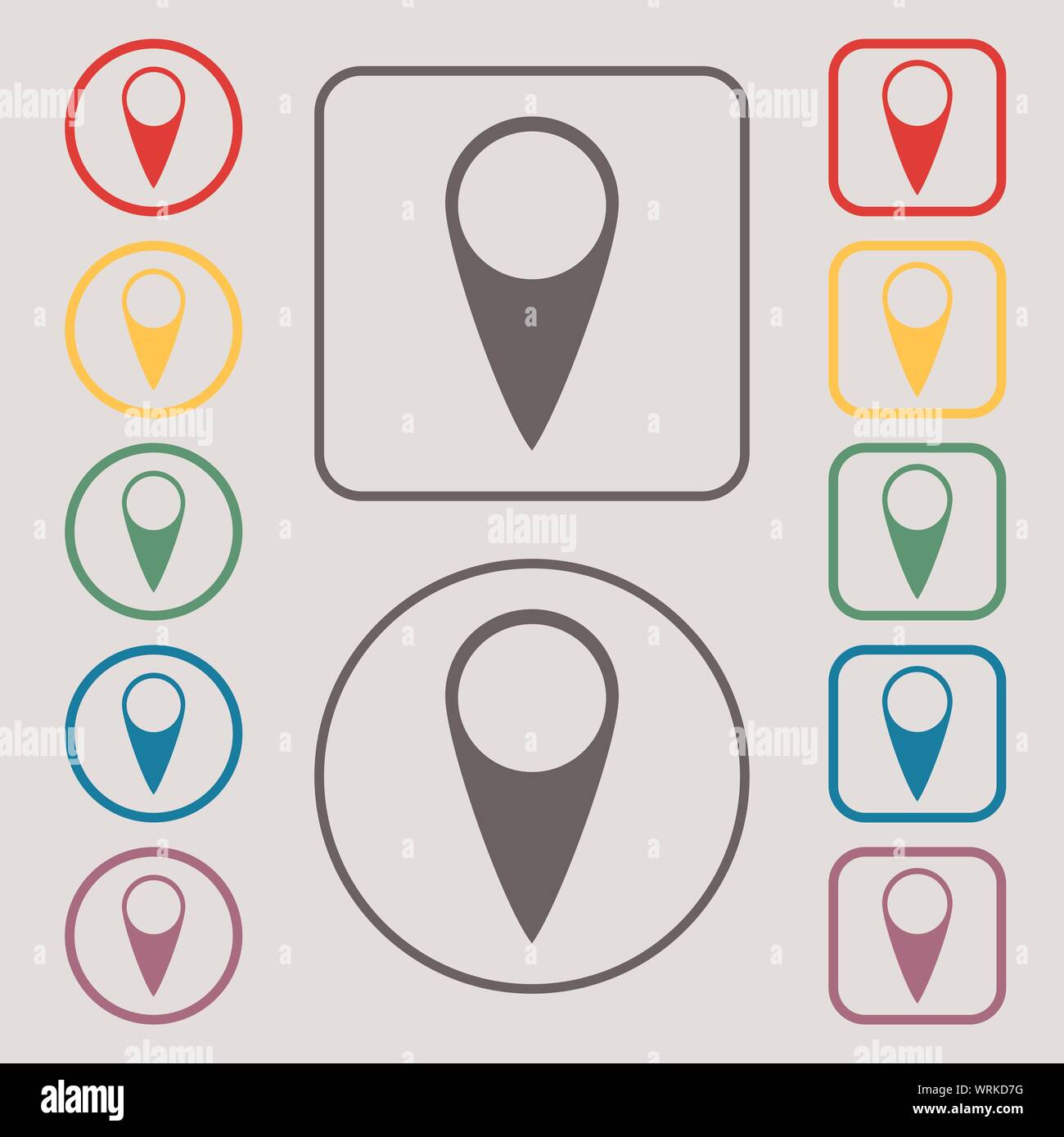 Map pointer icon. GPS location symbol. Symbols on the Round and square buttons with frame ...