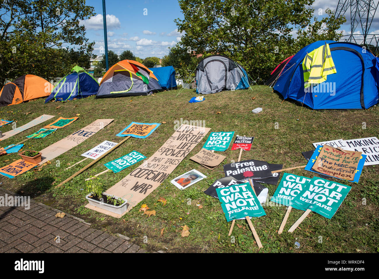 London, UK. 4 September, 2019. Activists camp outside ExCel London on ...