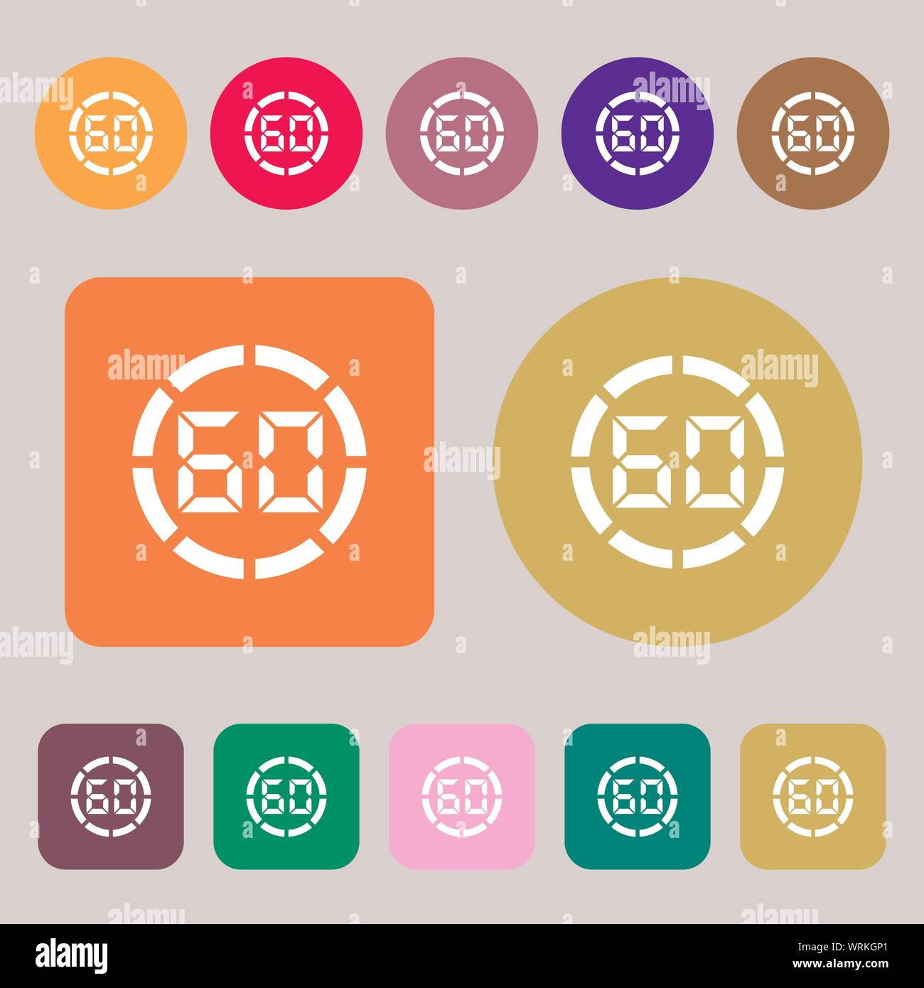 60 second stopwatch icon sign. 12 colored buttons. Flat design. Vector ...