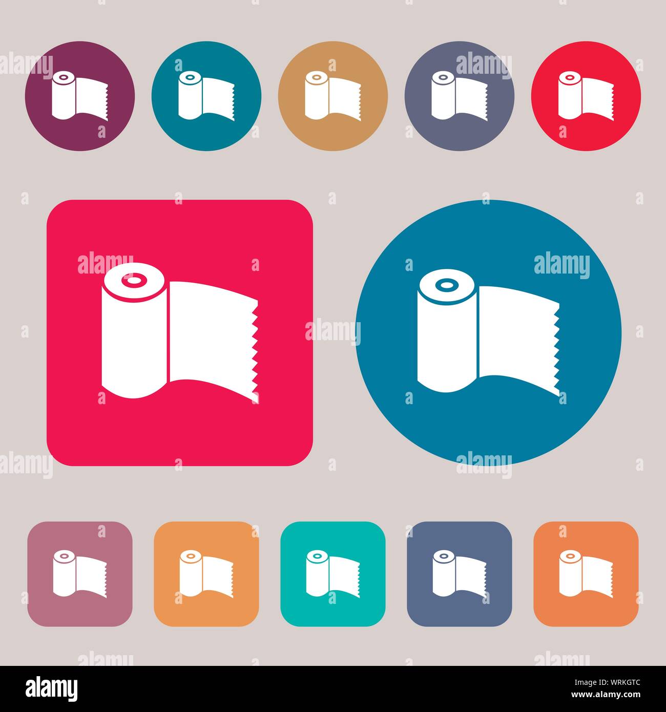 Toilet paper, WC roll icon sign. 12 colored buttons. Flat design ...