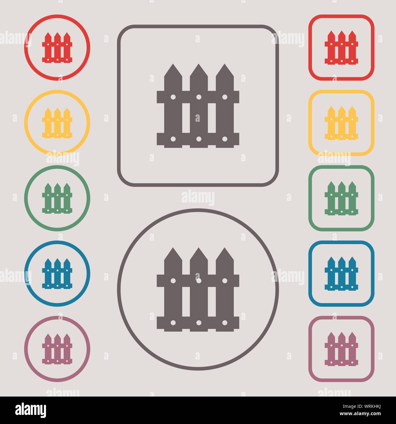 Fence icon sign. Symbols on the Round and square buttons with frame ...