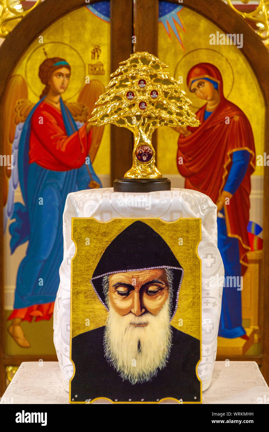 The relics of Saint Charbel displayed for veneration in front of the ...