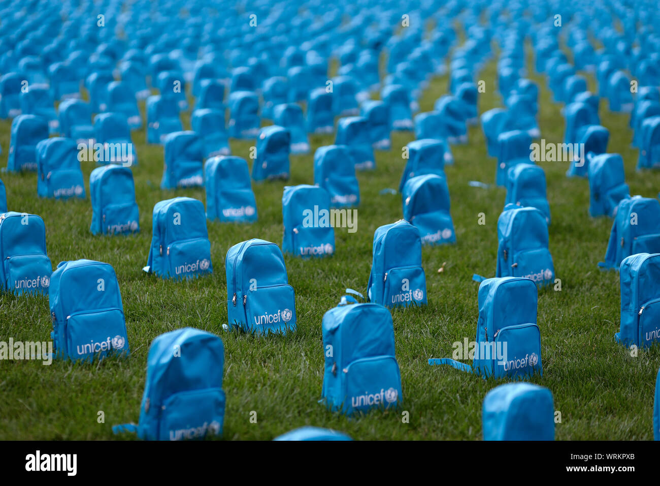 United Nations. 10th Sep, 2019. Backpacks are seen as part of a United ...