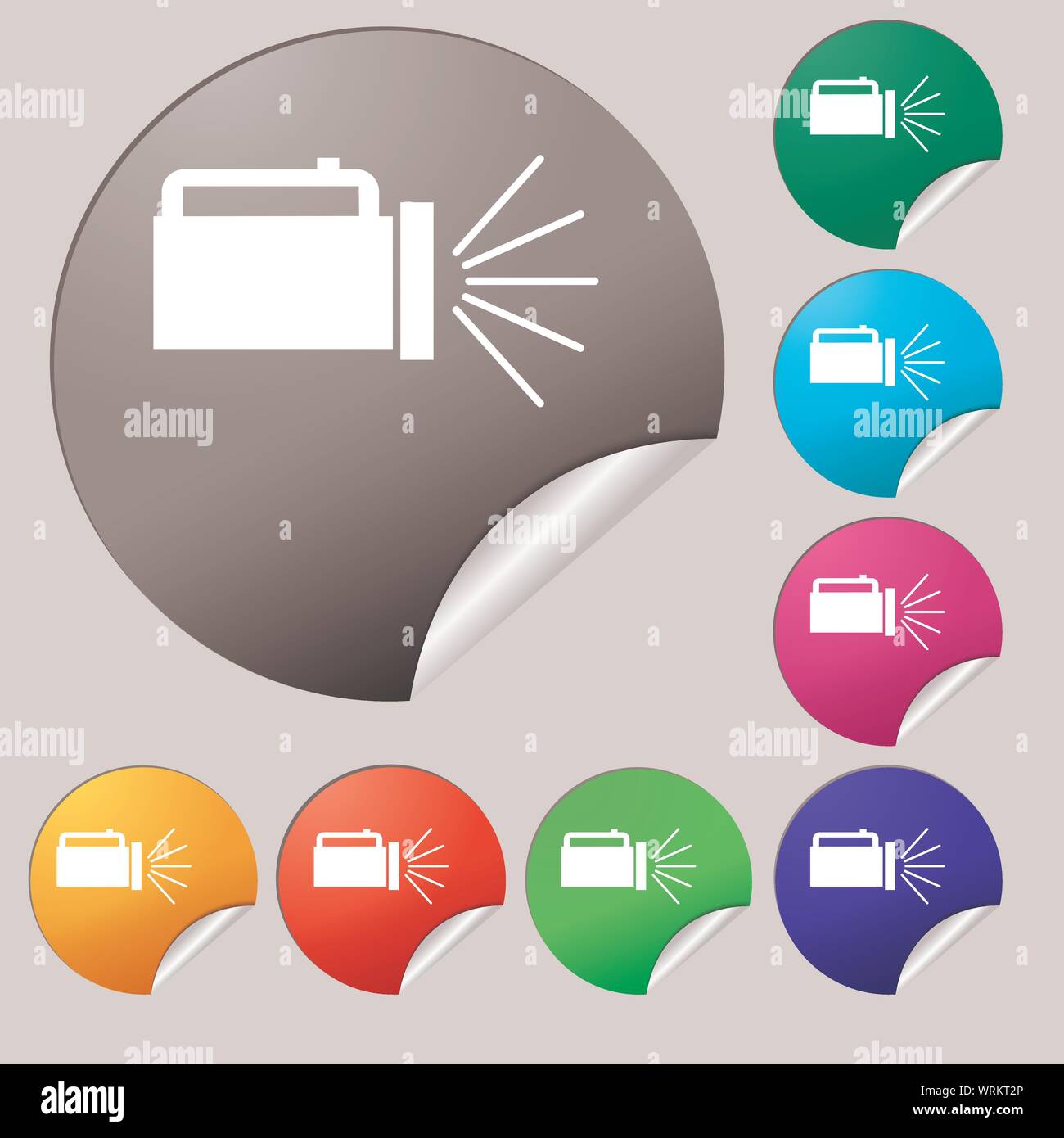 flashlight icon sign. Set of eight multi colored round buttons ...