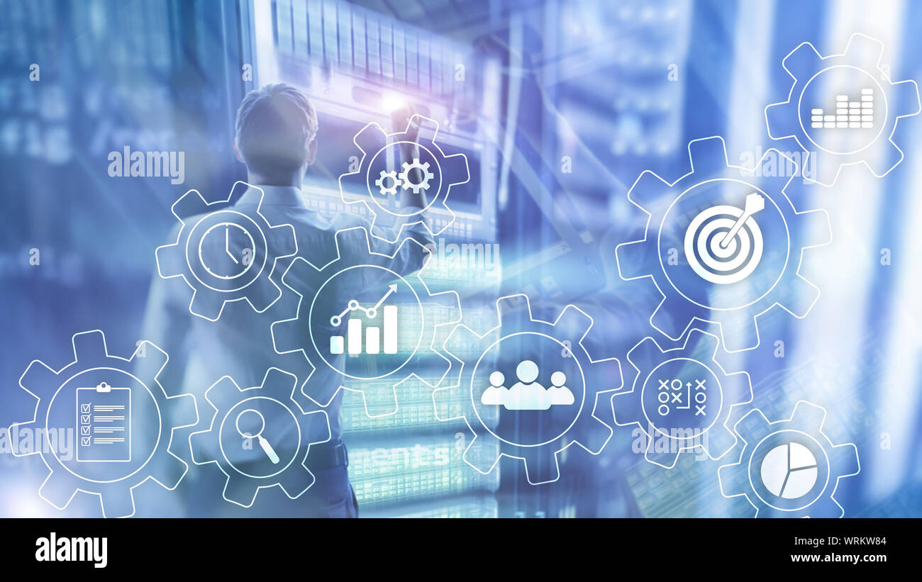 Business process automation concept. Gears and icons on abstract ...