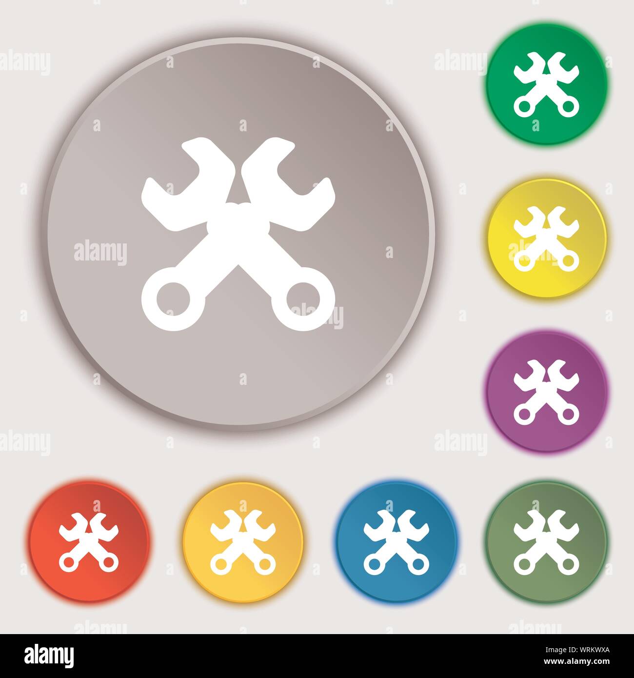 Wrench key sign icon. Service tool symbol. Symbols on eight flat ...
