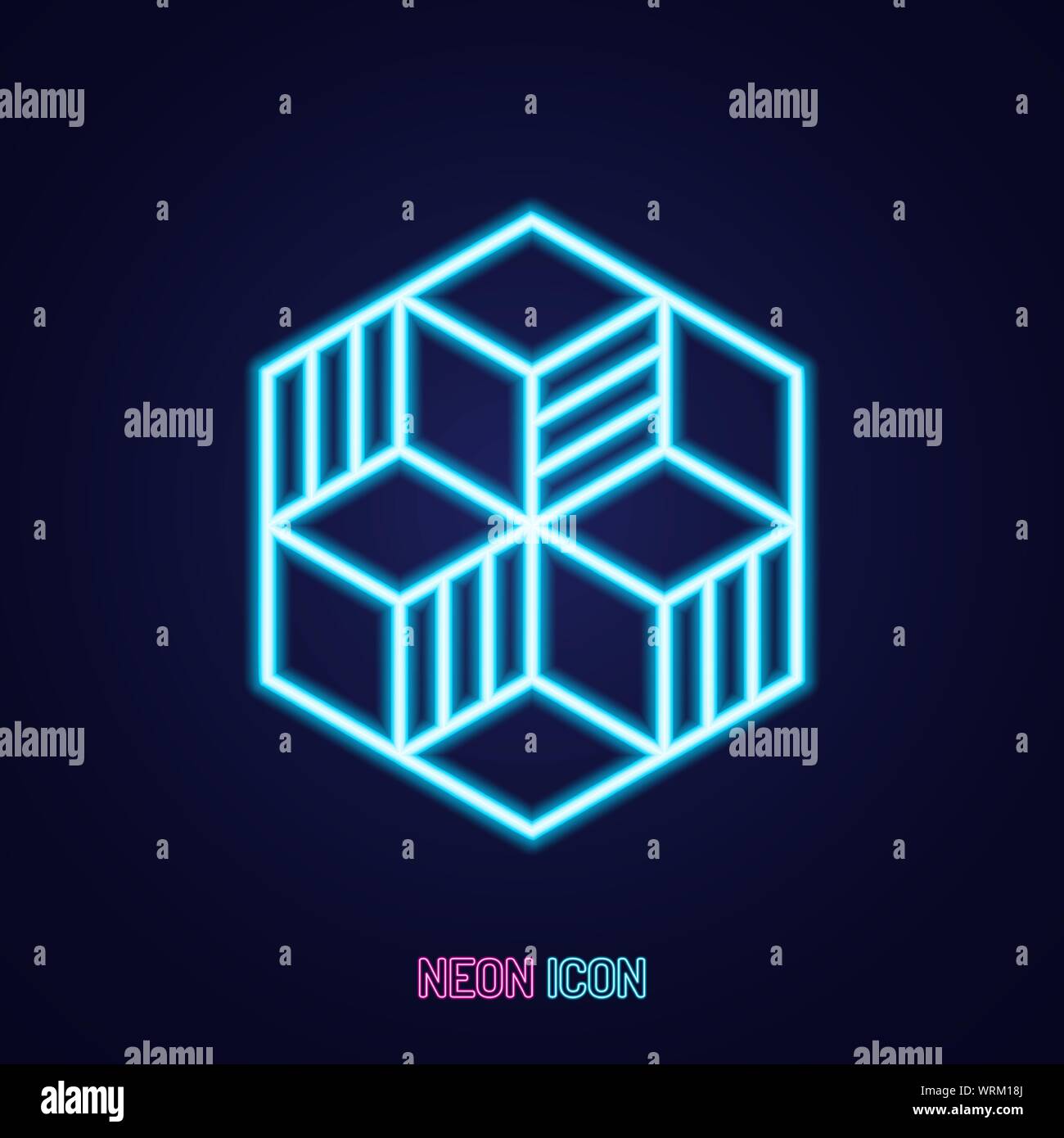 Hexagon simple luminous neon outline colorful icon on blue background ...