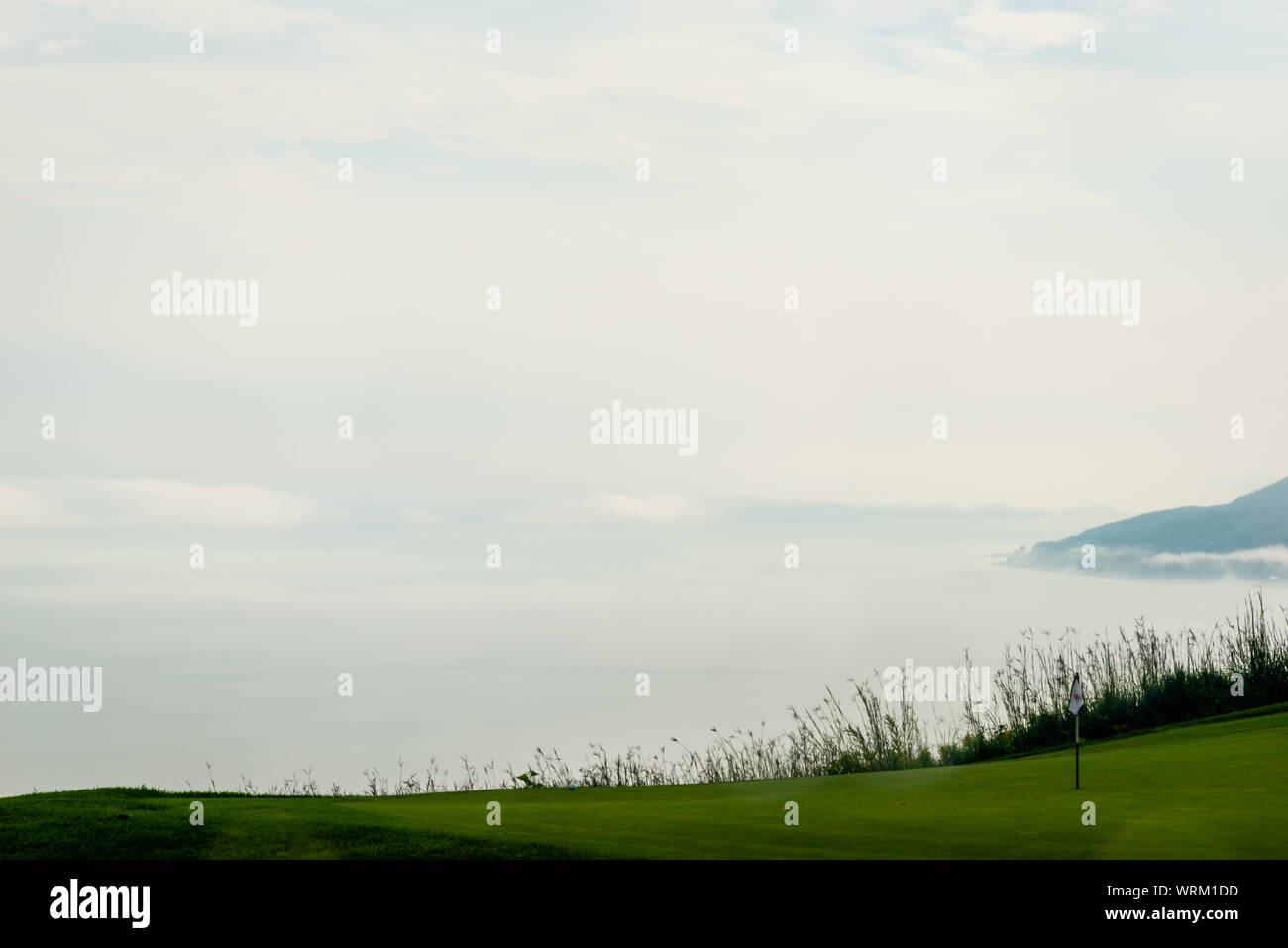 Foggy day by the St-Laurent river, golf field Stock Photo - Alamy
