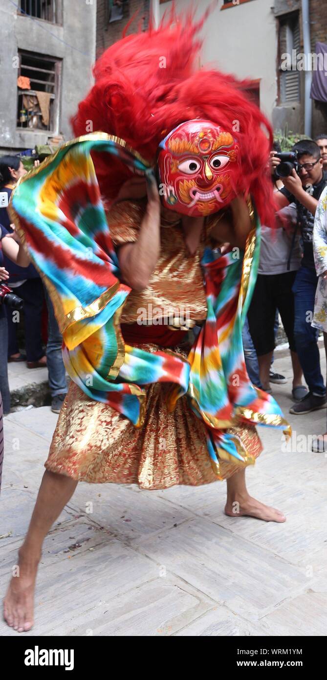 Kathmandu, Nepal. 10th Sep, 2019. A traditional masked dancer, Lakhey ...