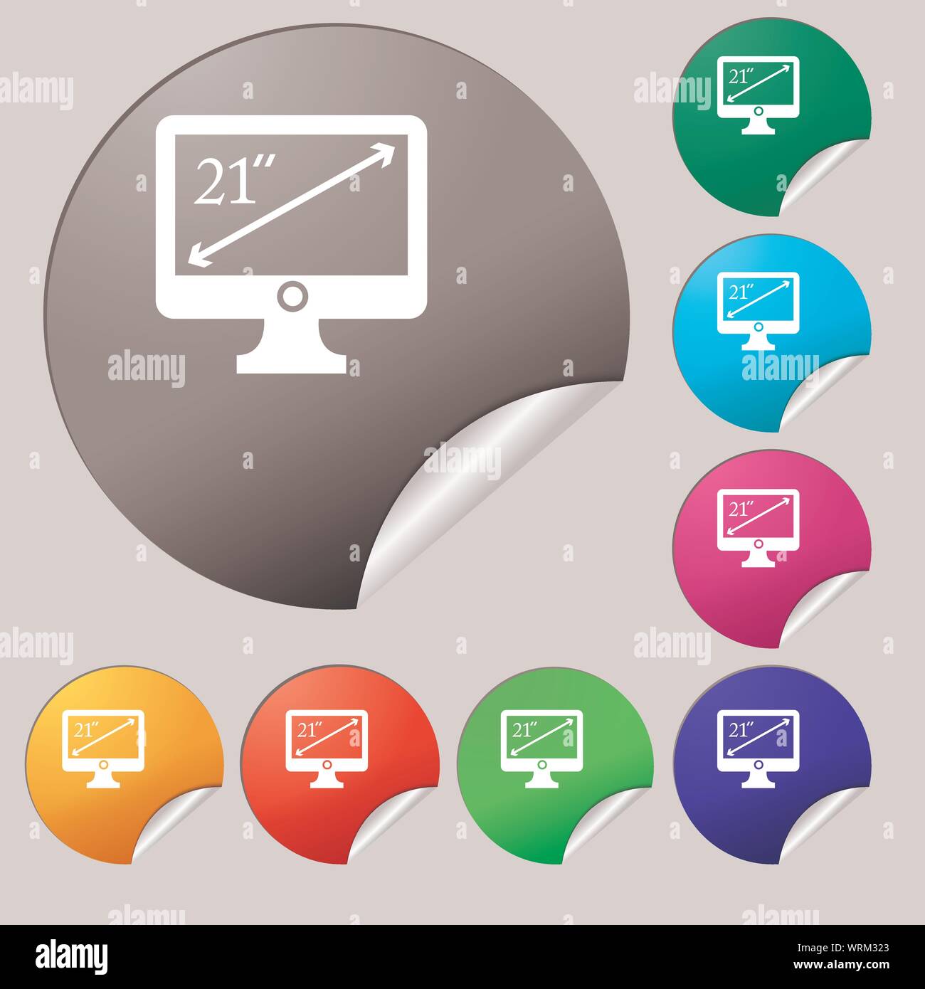 diagonal of the monitor 21 inches icon sign. Set of eight multi colored ...