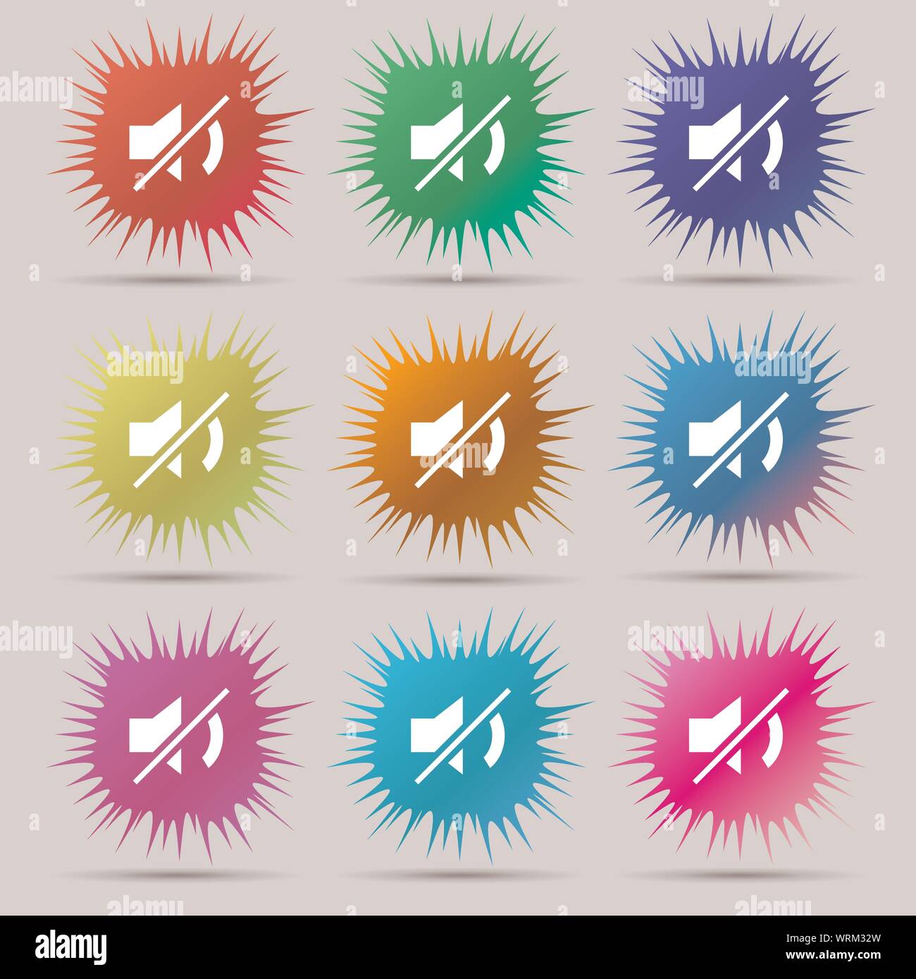 Mute speaker sign icon. Sound symbol. Nine original needle buttons ...