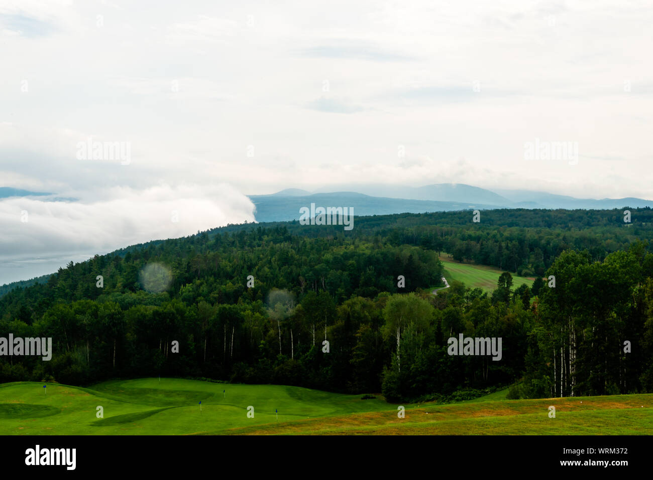 Foggy day by the St-Laurent river, golf field Stock Photo - Alamy