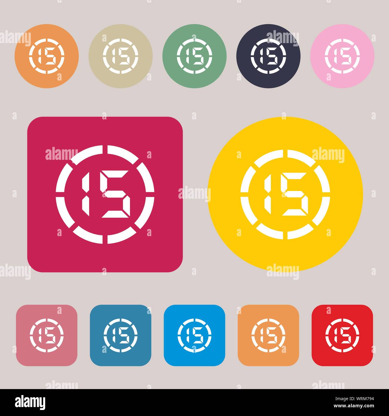 15 second stopwatch icon sign. 12 colored buttons. Flat design. Vector ...