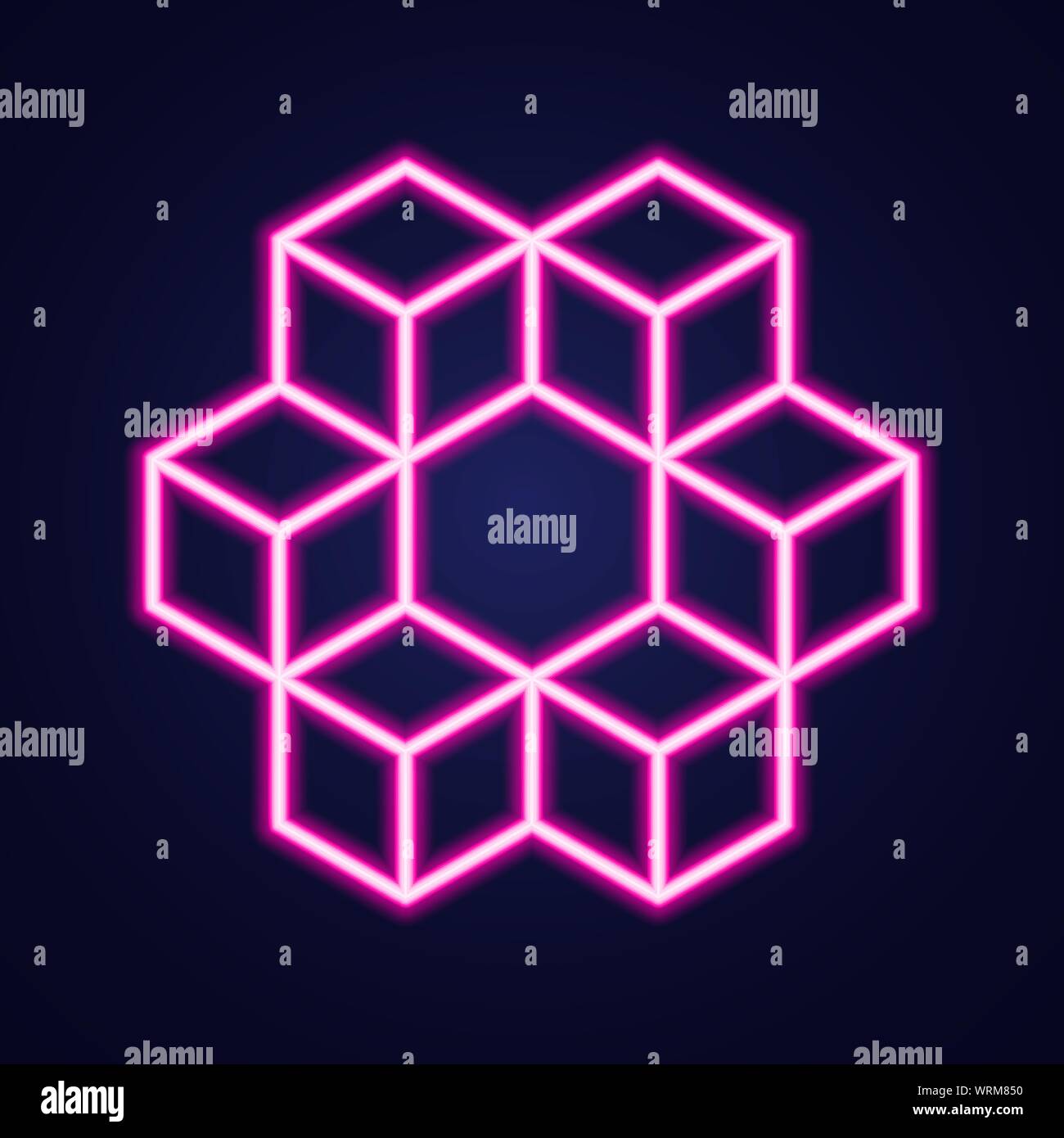Hexagon simple luminous neon outline colorful icon on blue background ...