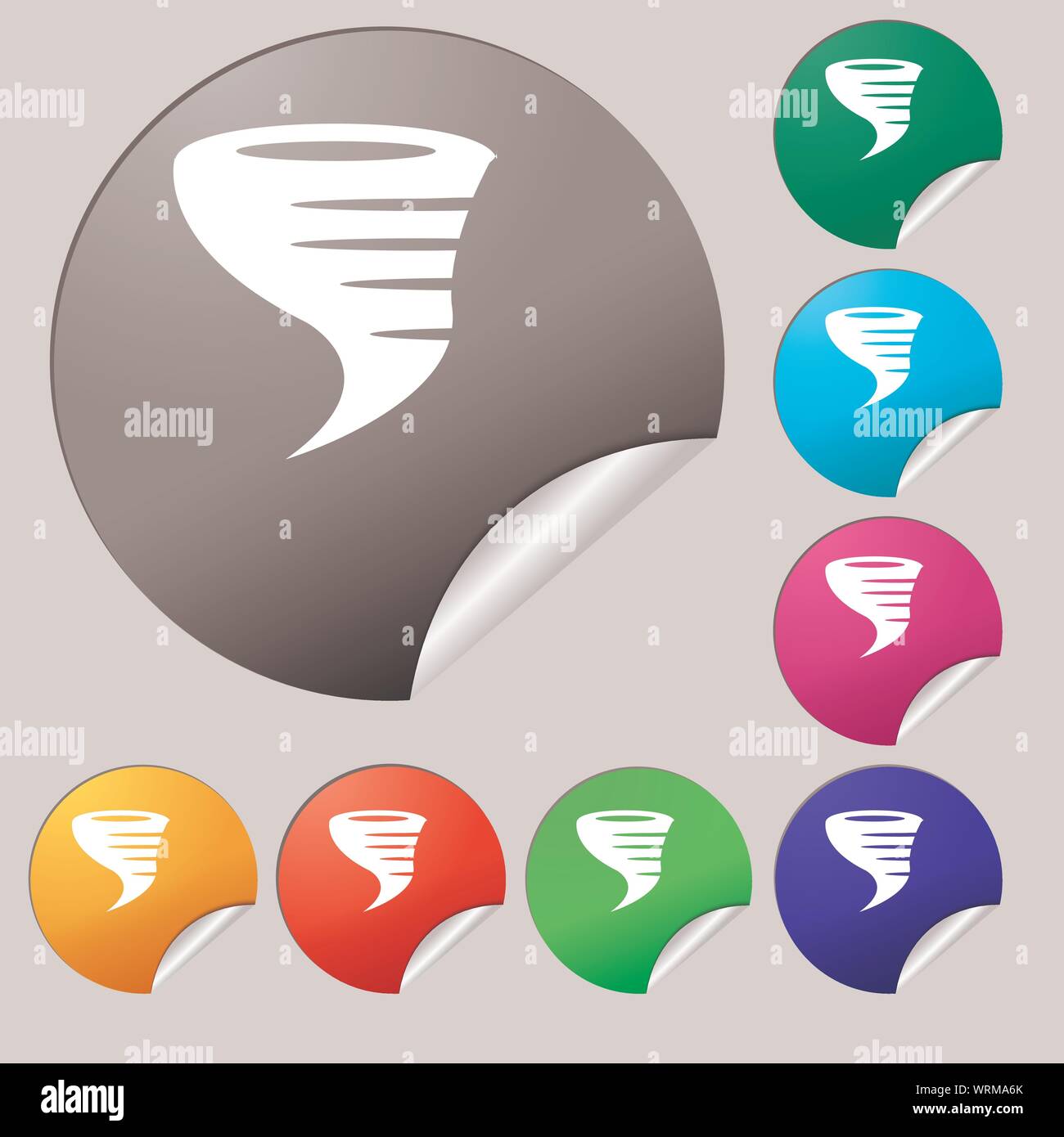Tornado icon. Set of eight multi colored round buttons, stickers ...