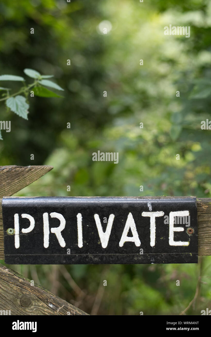 Old Private sign on wooden gate with greenery background. Keep out ...