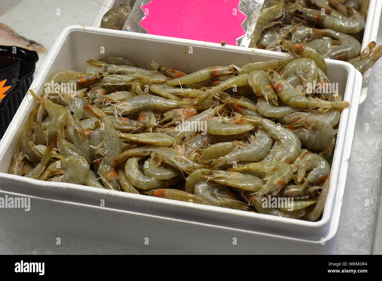 A tub of Prawns on sale in a fish market Stock Photo - Alamy