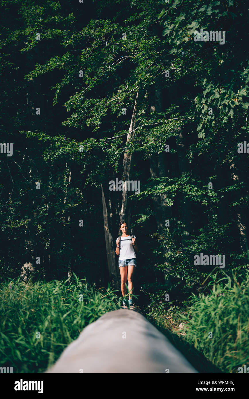 Female hiker standing on a tree log at the edge of the forest Stock ...