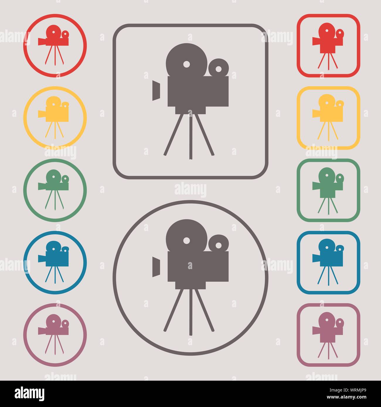 Video camera sign icon.content button. Symbols on the Round and square ...
