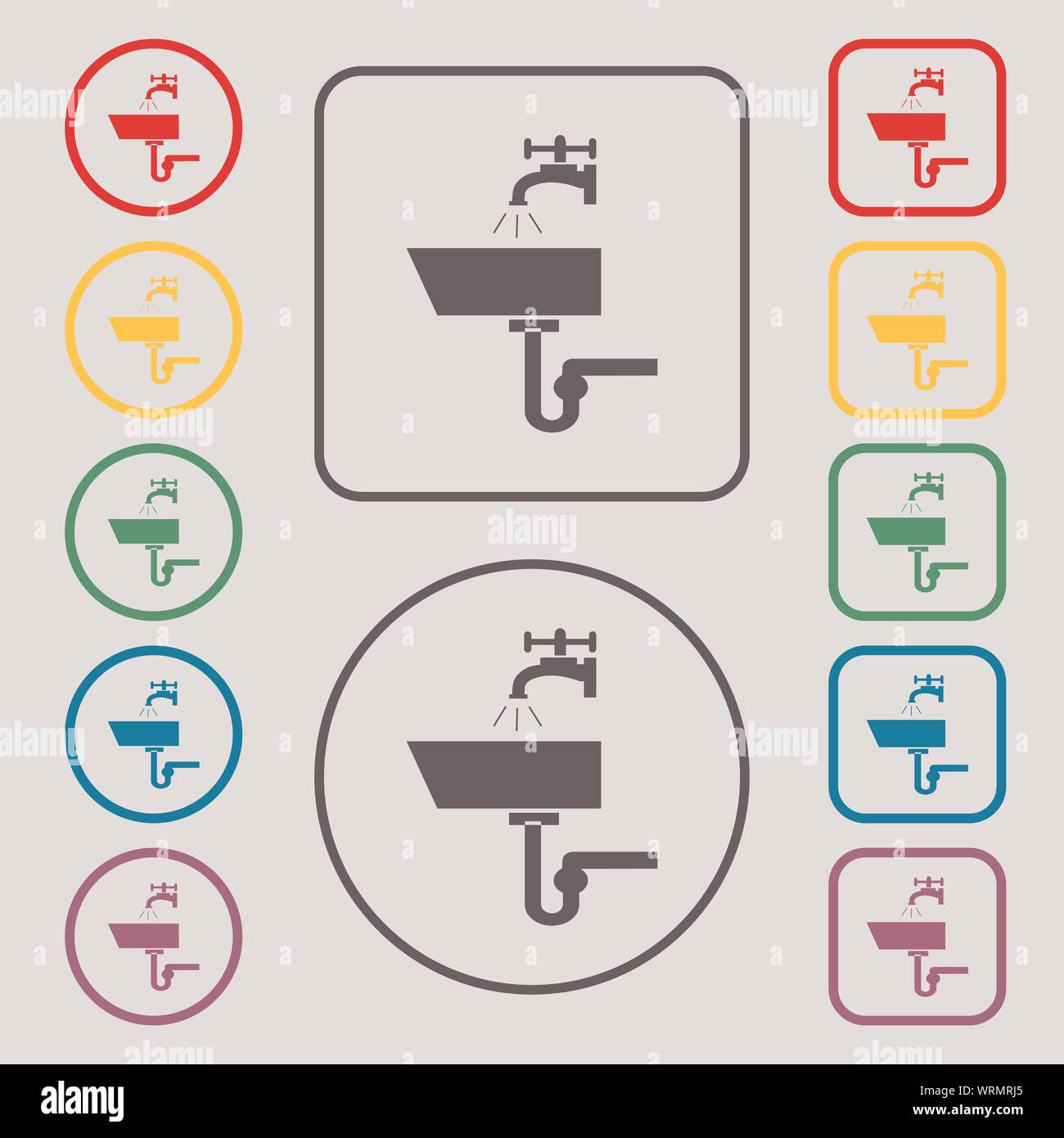 Washbasin icon sign. Symbols on the Round and square buttons with frame ...