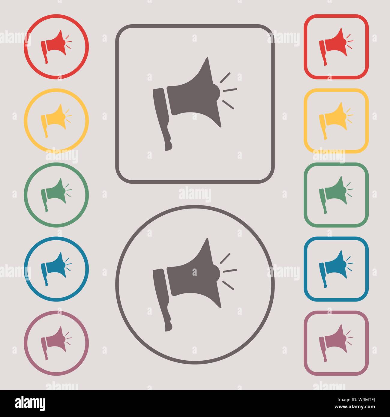 Megaphone soon icon. Loudspeaker symbol. Symbols on the Round and ...