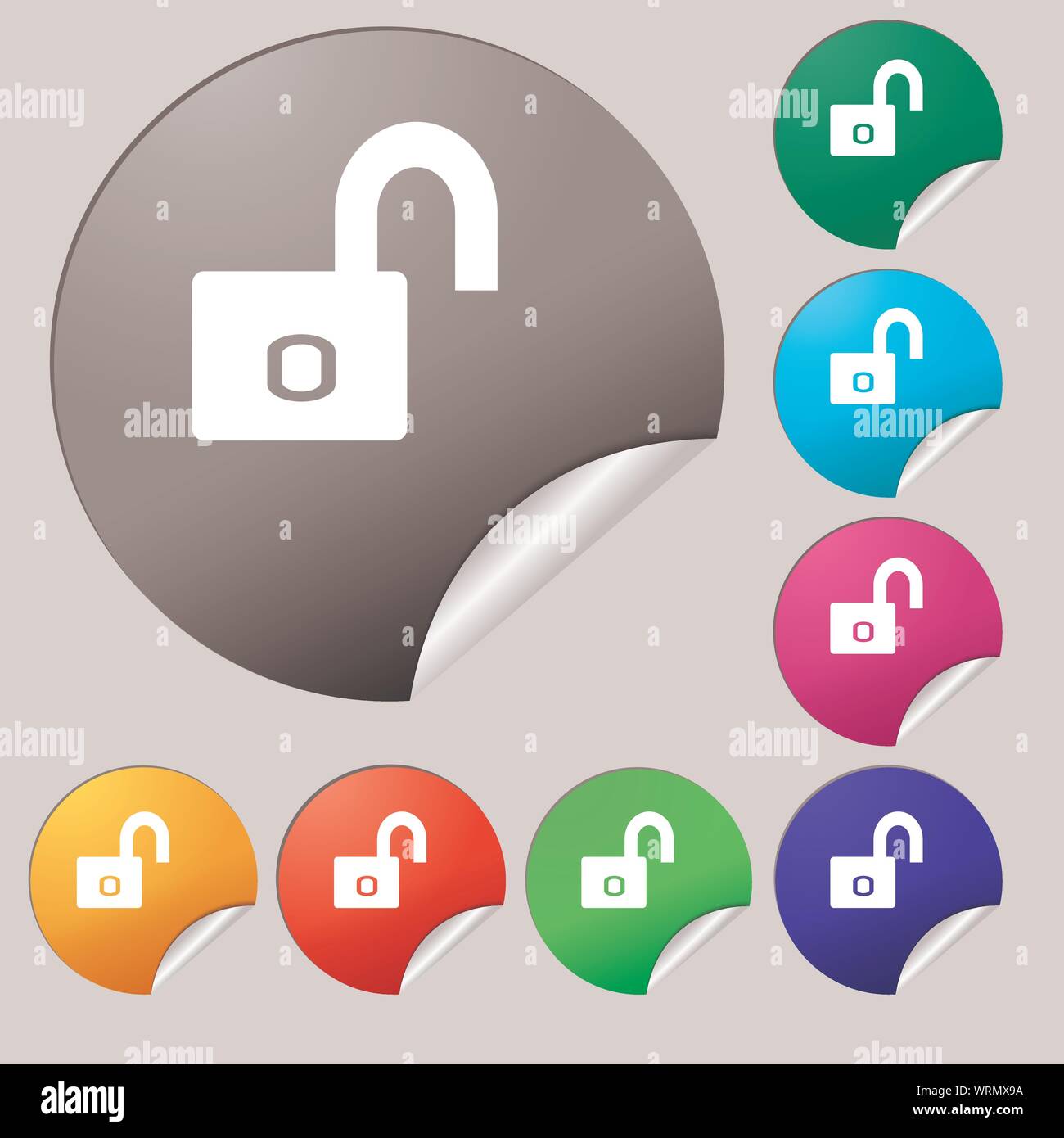 Lock sign icon. Locker symbol. Set of eight multi colored round buttons ...