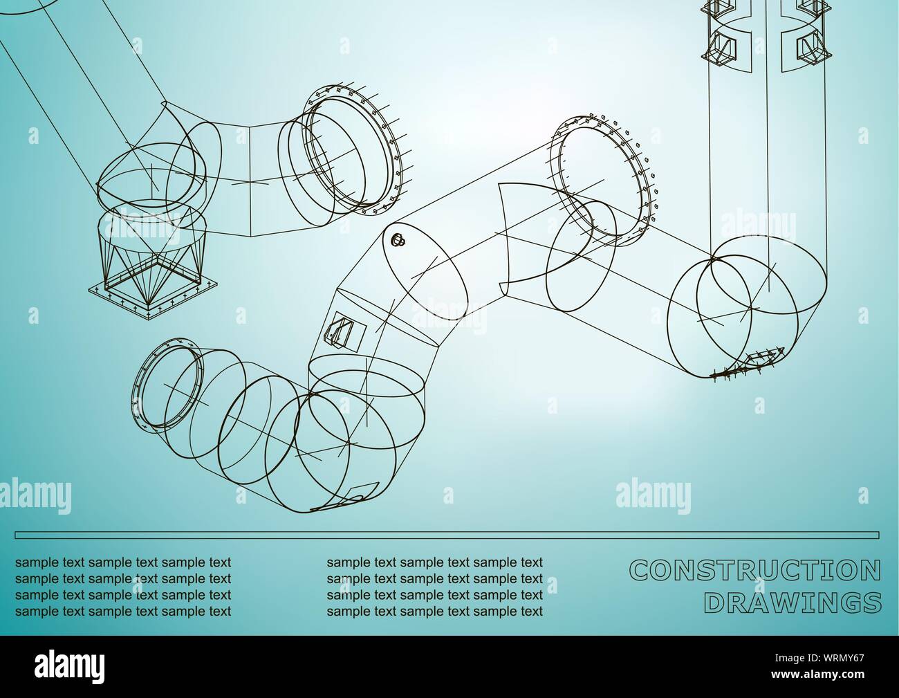 Drawings of steel structures. Pipes and pipe. 3d blueprint of steel ...