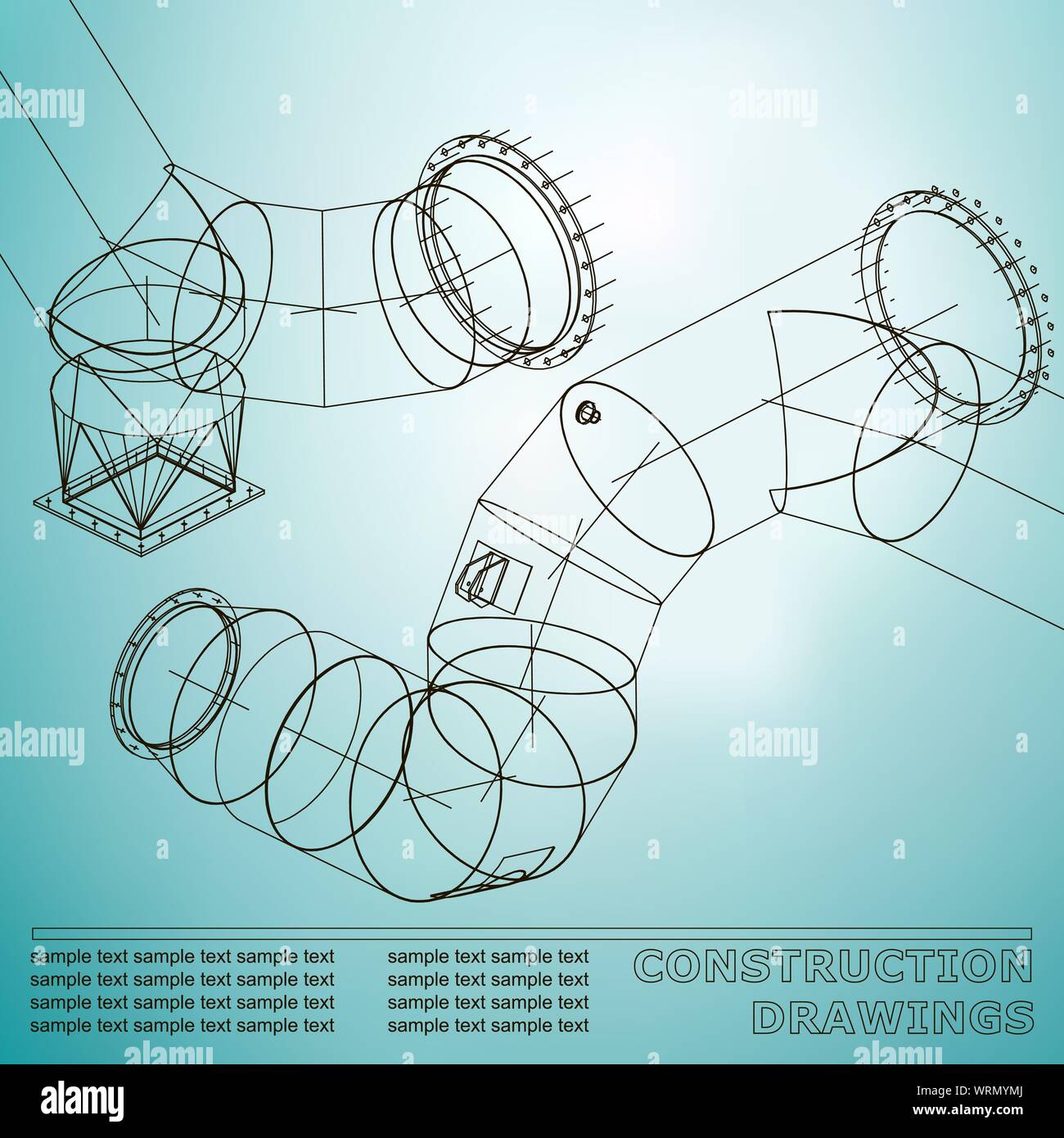 Drawings of steel structures. Pipes and pipe. 3d blueprint of steel ...