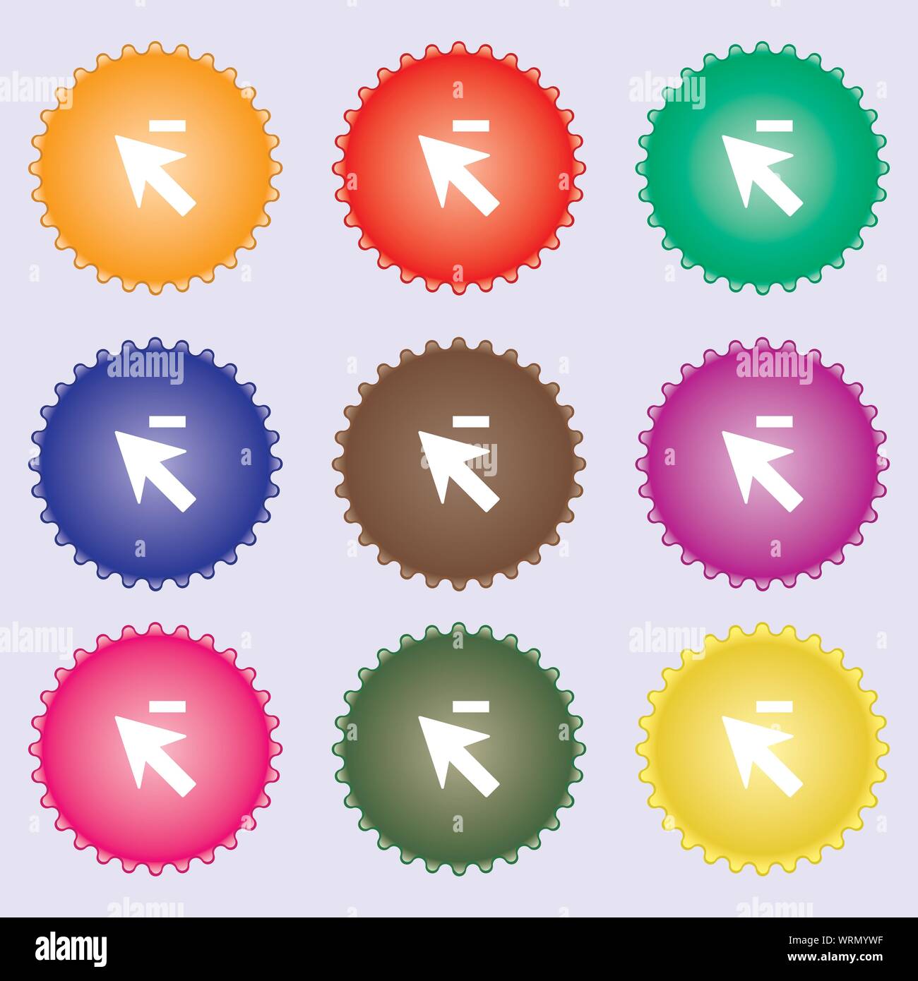 Cursor, arrow minus icon sign. A set of nine different colored labels ...