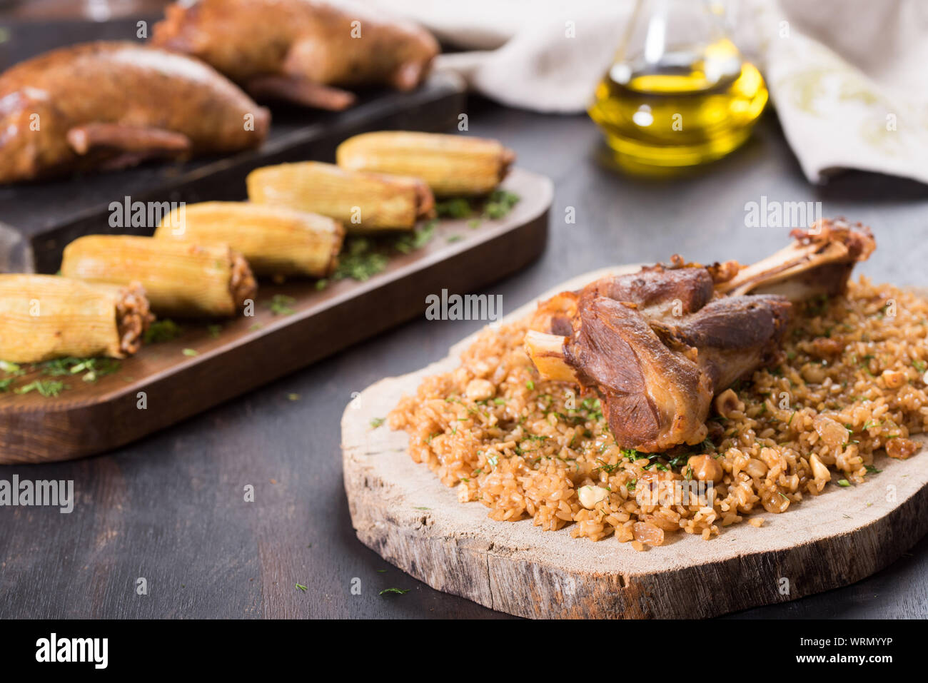 Oriental Food , Shrimp and Kofta and kabab on Styled platter Stock ...