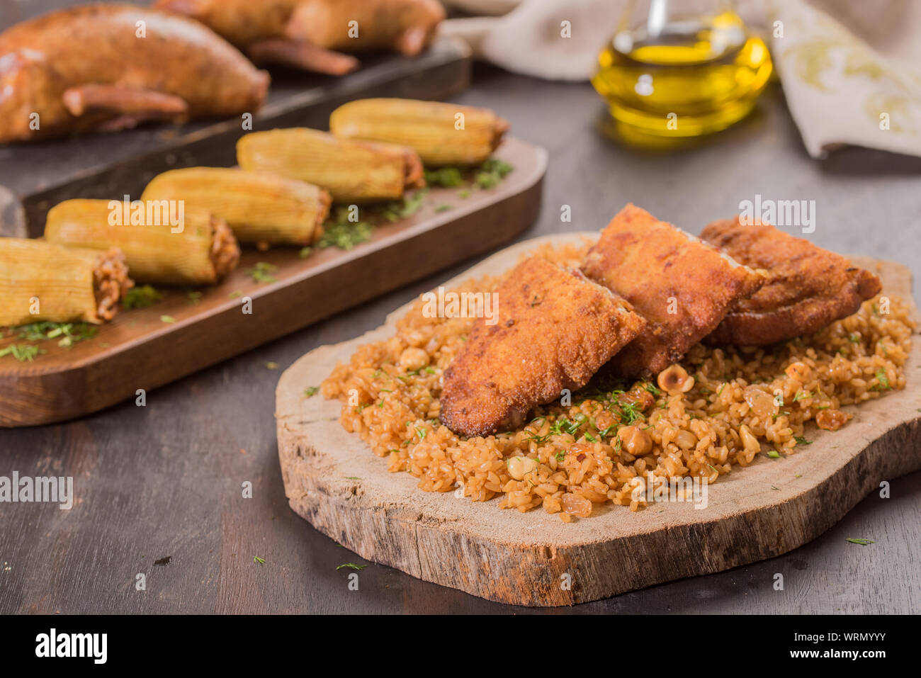 Oriental Food , Shrimp and Kofta and kabab on Styled platter Stock ...
