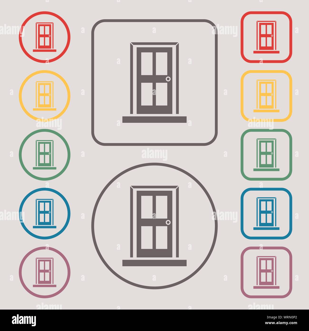 Door icon sign. Symbols on the Round and square buttons with frame ...