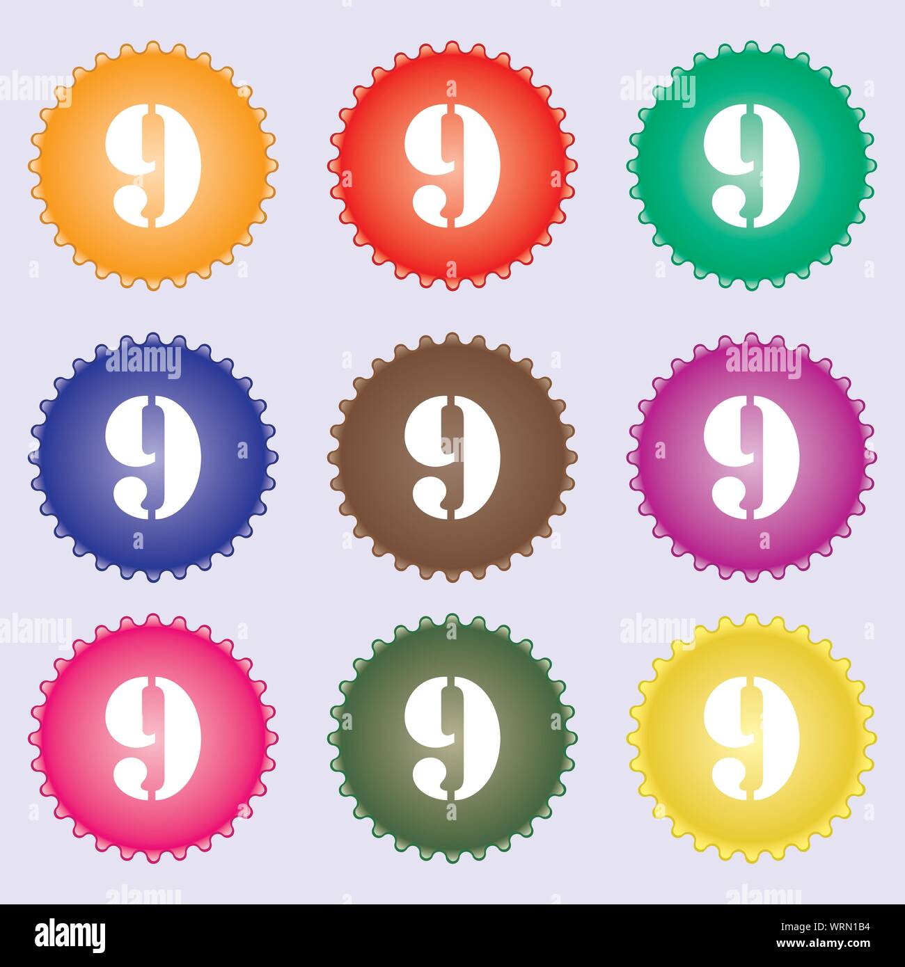 number Nine icon sign. A set of nine different colored labels. Vector ...