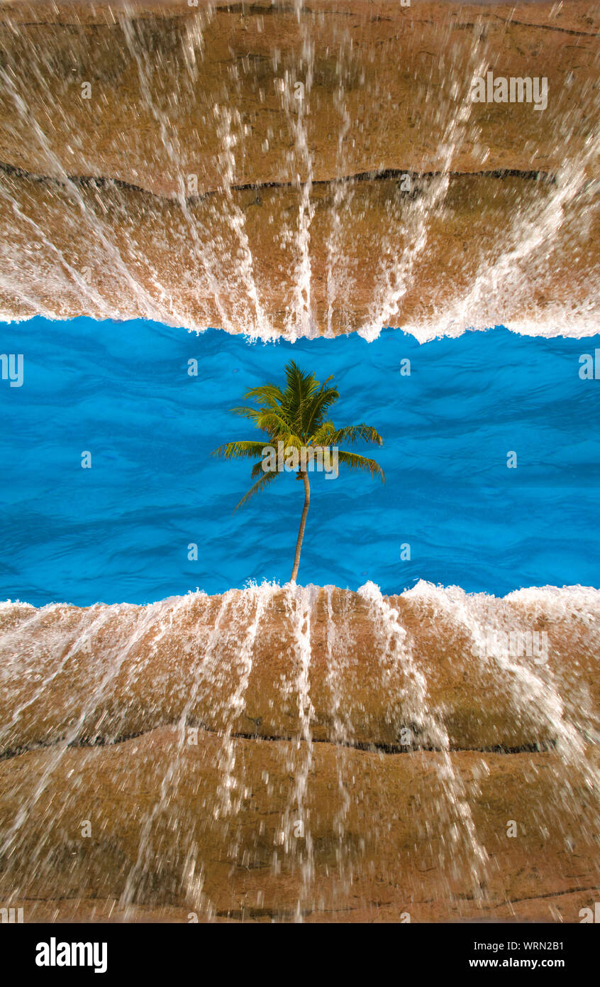 Digitall manipulated image of a palm tree with dual waterfalls Stock ...