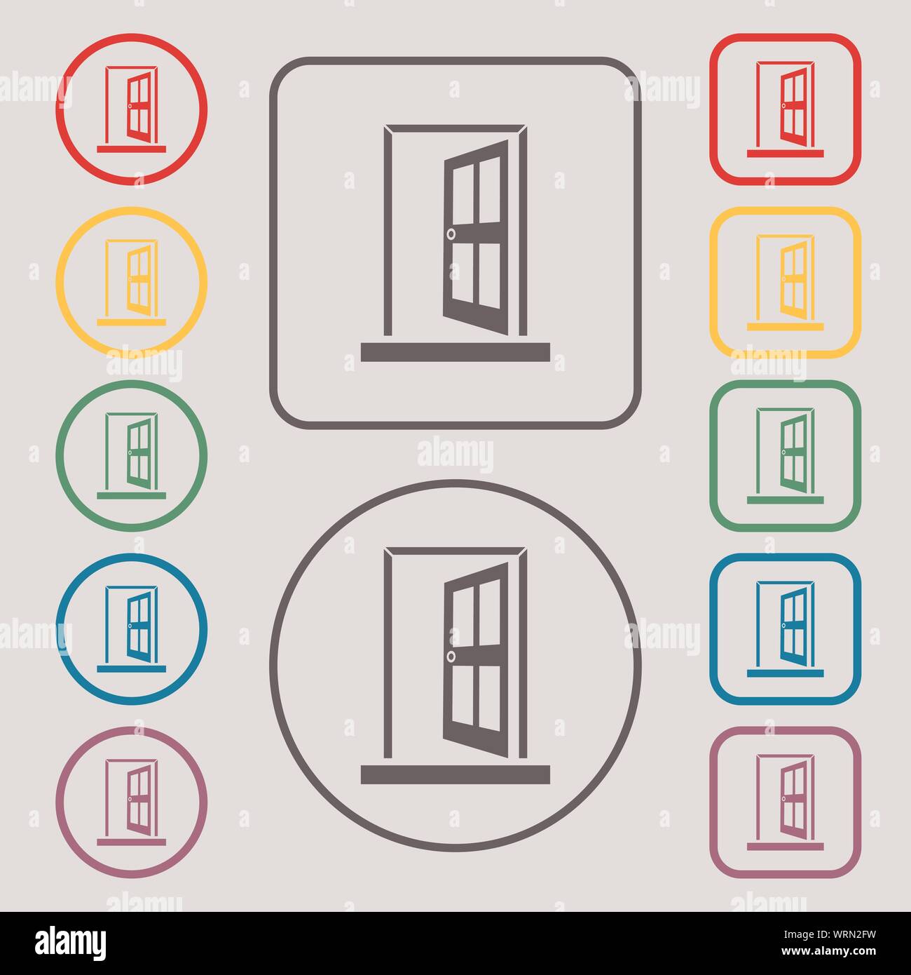 Door, Enter or exit icon sign. Symbols on the Round and square buttons ...