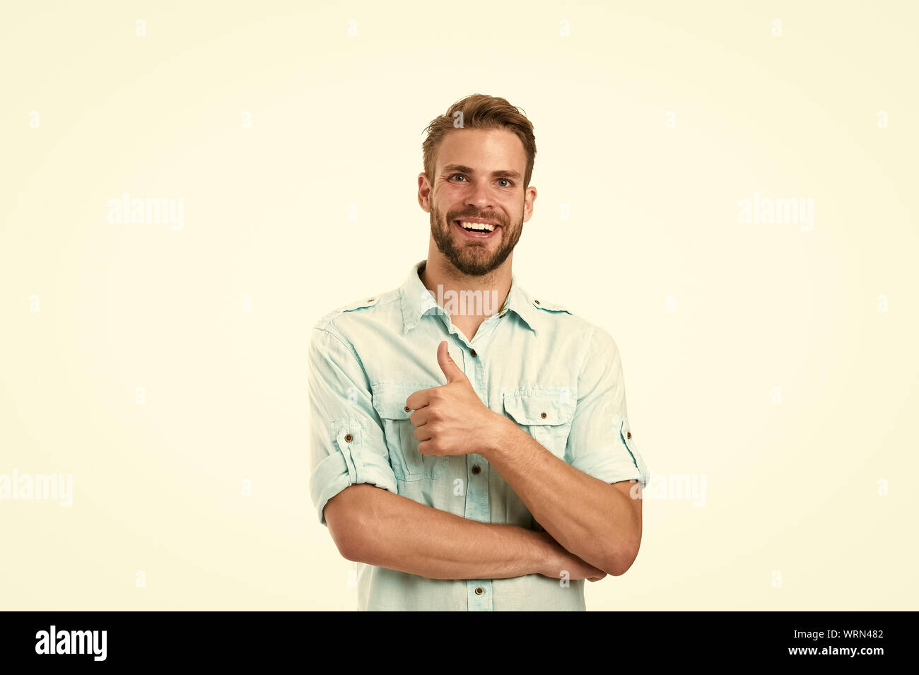 Best choice. Man handsome bearded guy smiling on white background ...