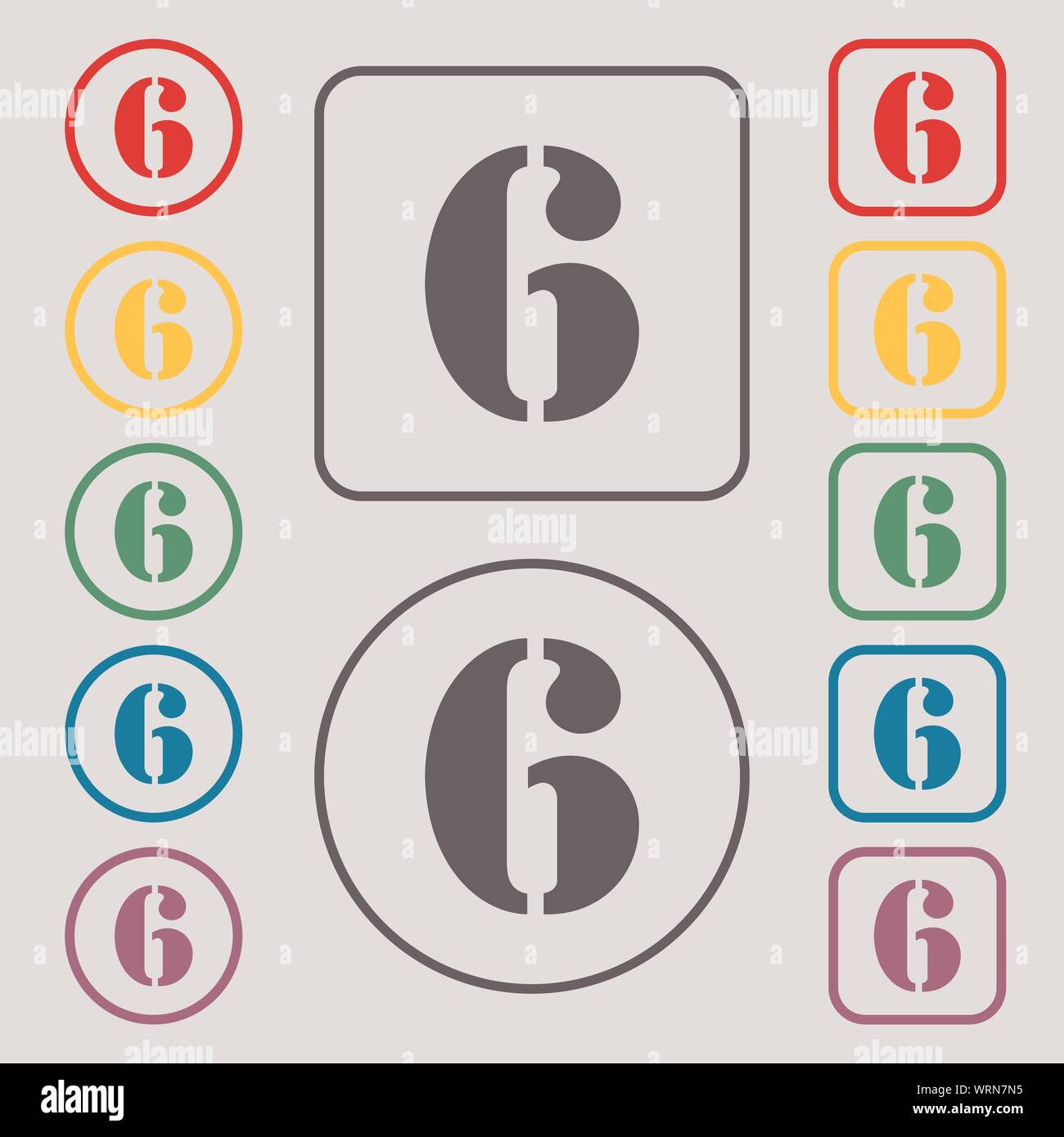 number six icon sign. Symbols on the Round and square buttons with ...