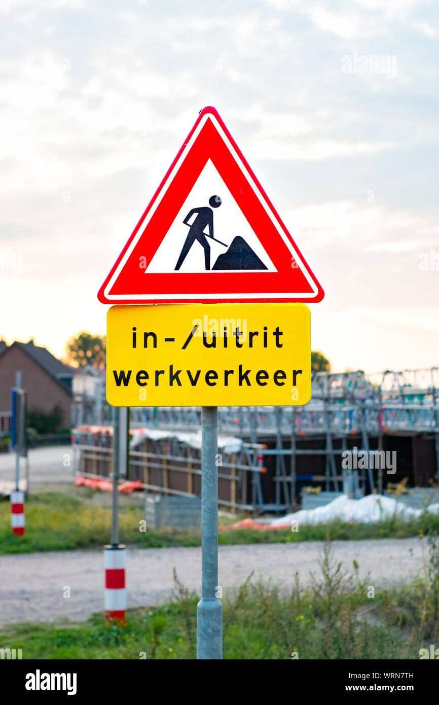 Dutch road sign: Road works ahead Stock Photo - Alamy