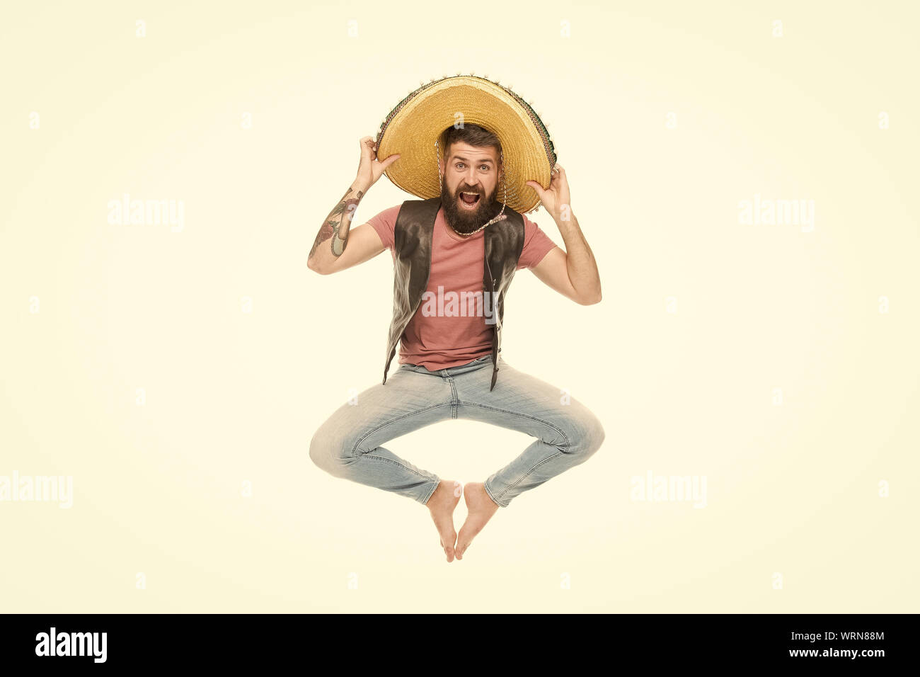 Celebrate traditional mexican holiday. Guy happy cheerful face having ...