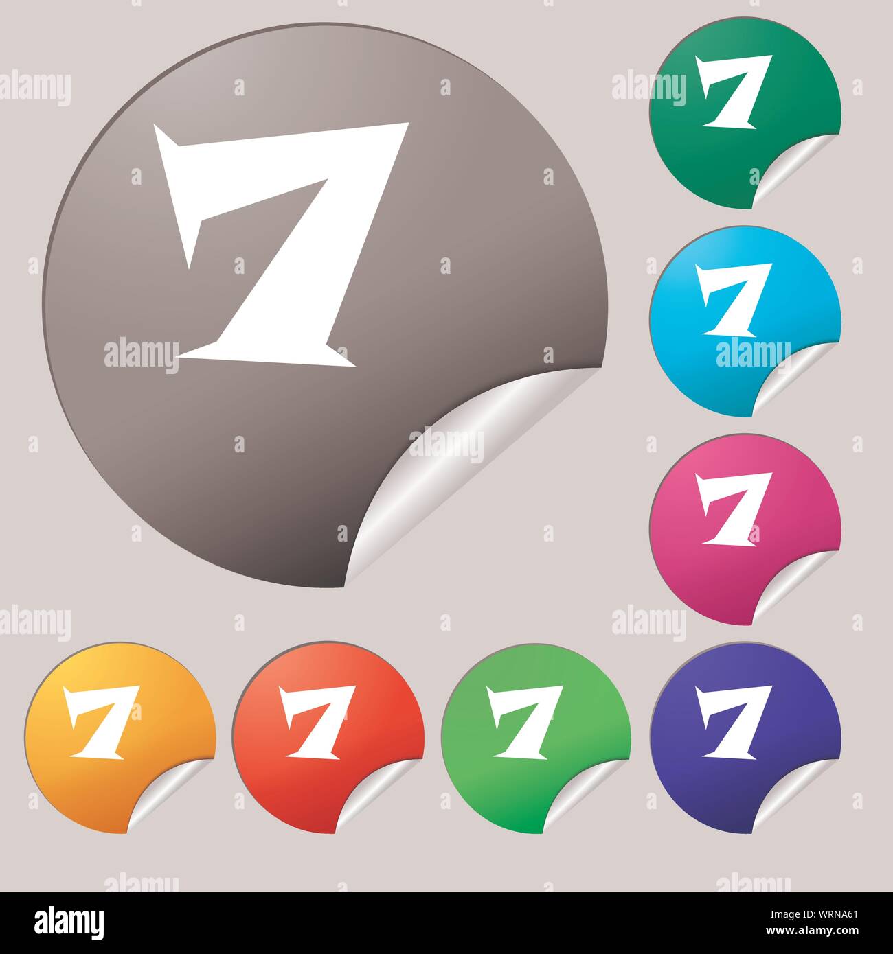 number seven icon sign. Set of eight multi colored round buttons ...