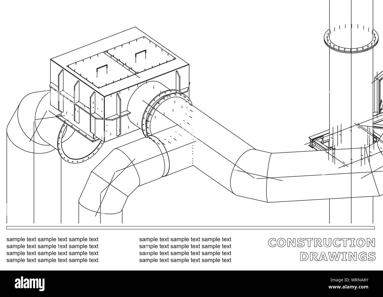 Drawings of steel structures. Pipes. 3d blueprint of steel structures ...