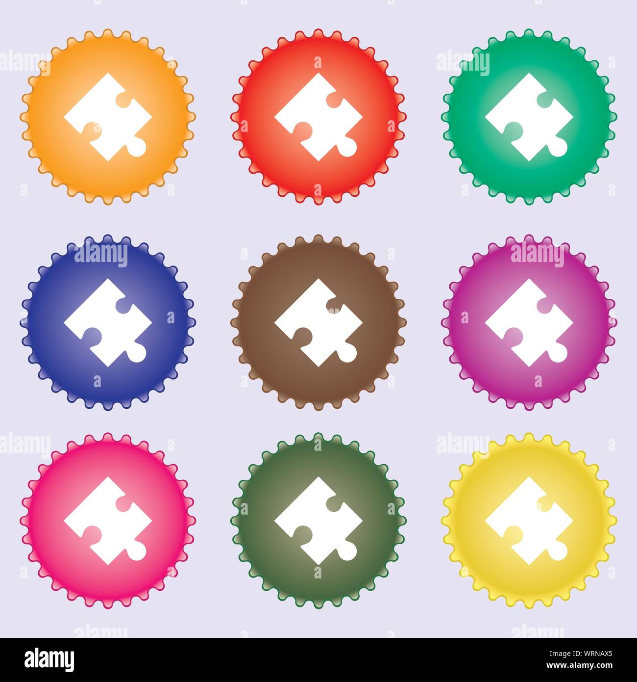Puzzle piece icon sign. A set of nine different colored labels. Vector ...