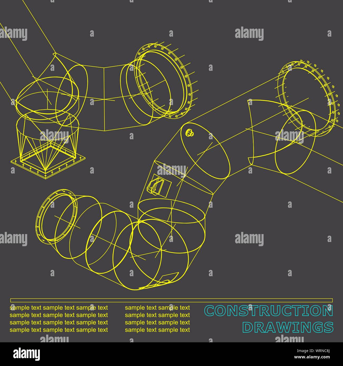Drawings of steel structures. Pipes and pipe. 3d blueprint of steel ...