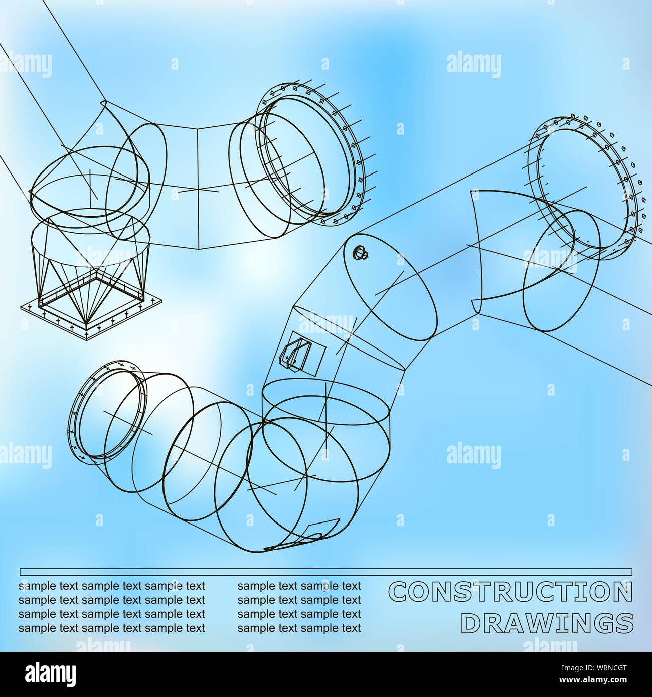 Drawings of steel structures. Pipes and pipe. 3d blueprint of steel ...