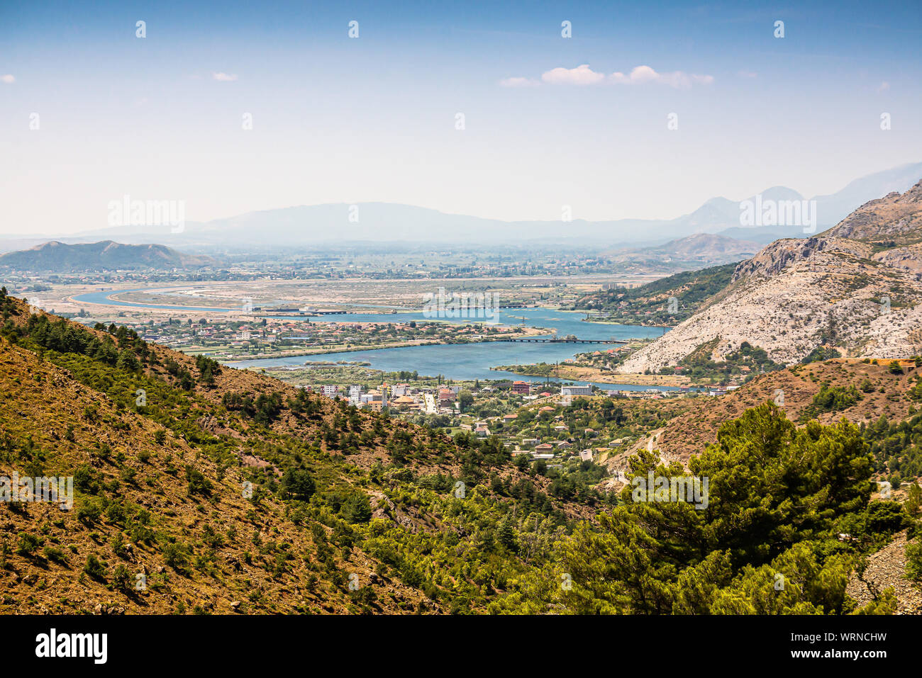 Landscape view on large river Drini, Albania Stock Photo - Alamy