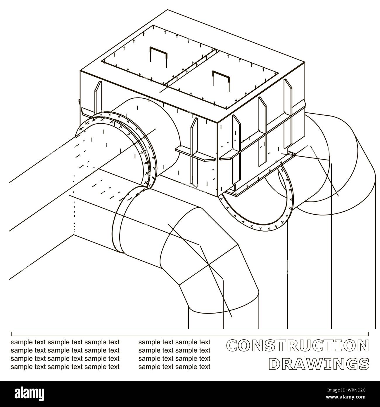 Drawings of structures. Pipes and pipe. 3d blueprint of steel ...