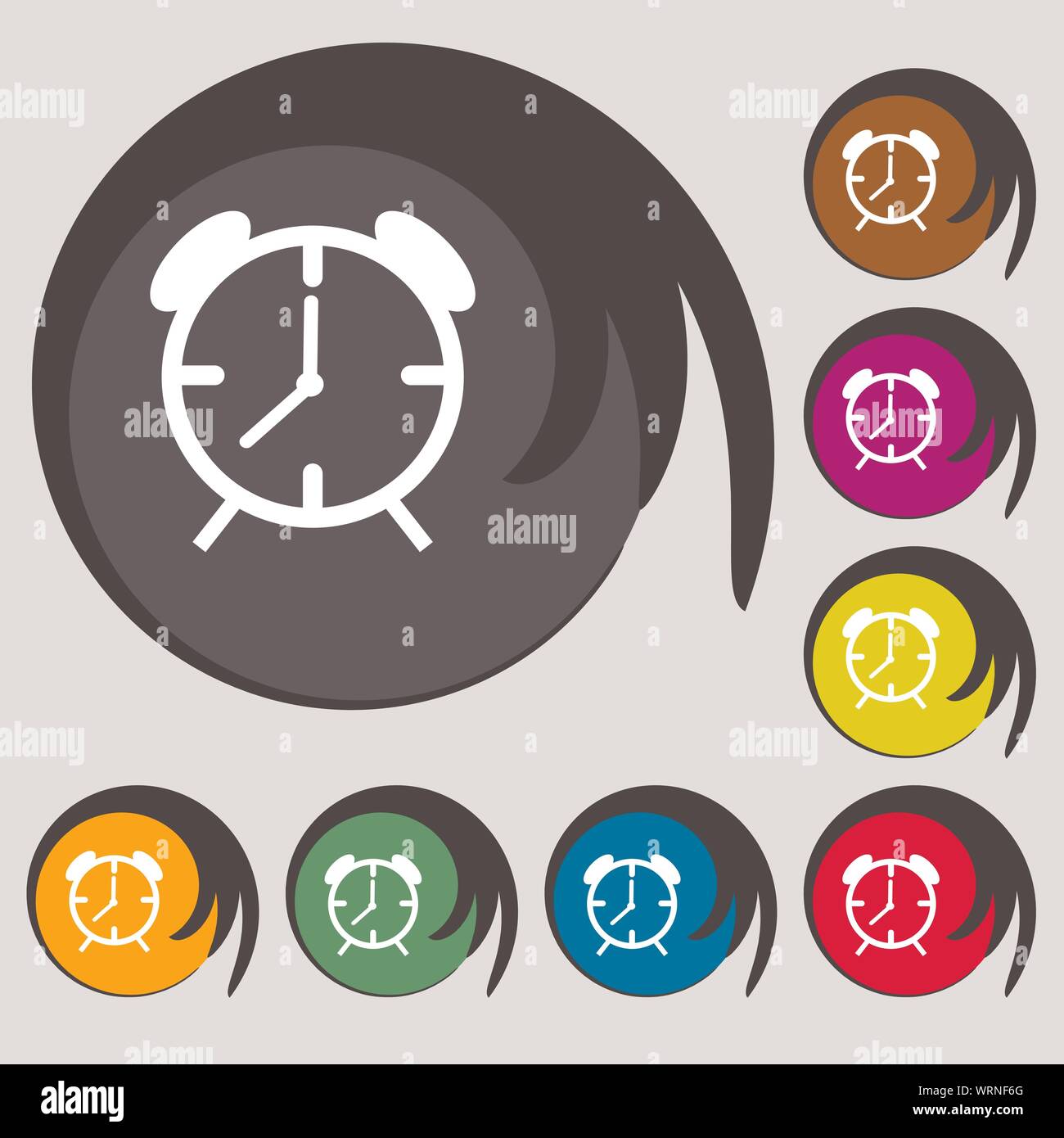 Alarm clock sign icon. Wake up alarm symbol. Symbols on eight colored ...