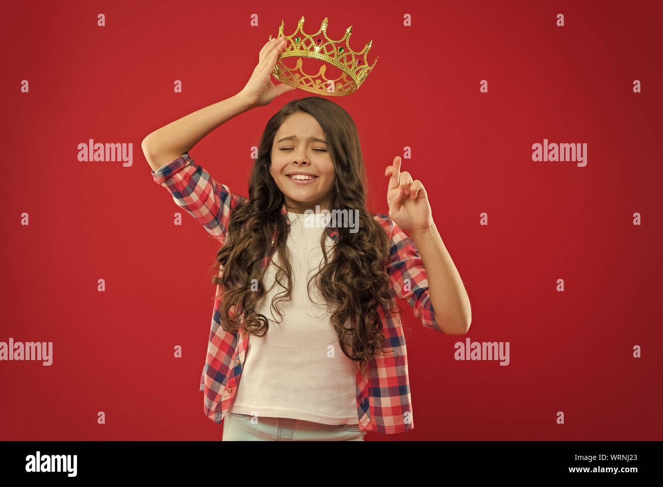 Hope for the best. Kid hold golden crown symbol of princess. Childhood ...